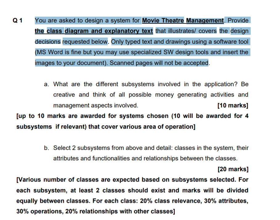Solved Q1 You are asked to design a system for Movie Theatre | Chegg.com