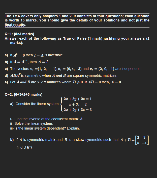Solved The TMA covers only chapters 1 ﻿and 2. It ﻿consists | Chegg.com