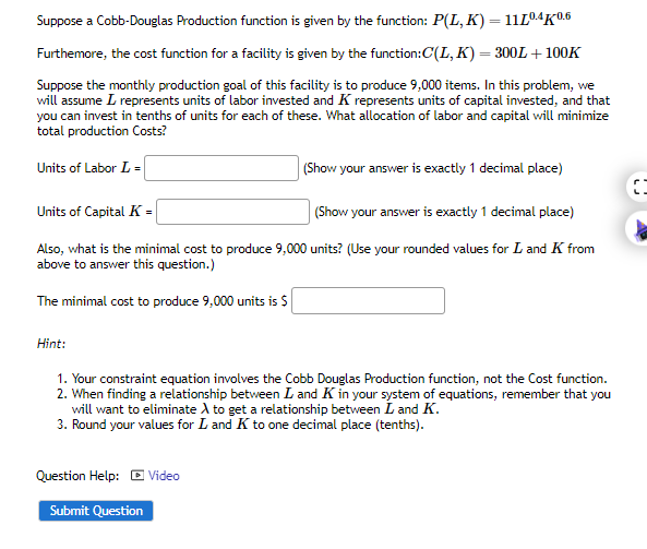 Suppose a Cobb-Douglas Production function is given | Chegg.com