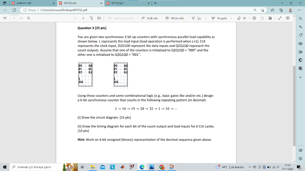 Solved You are given two synchronous 3-bit up counters with | Chegg.com