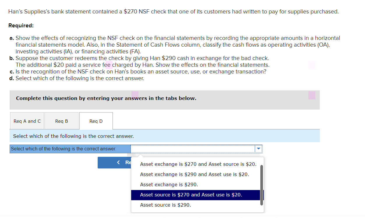 Solved Han's Supplies's bank statement contained a $270 NSF | Chegg.com