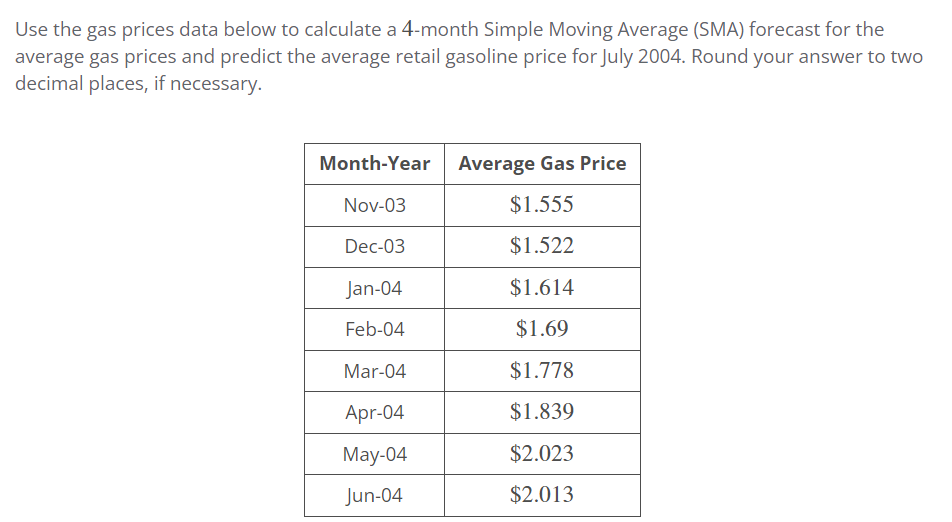 Solved Use the gas prices data below to calculate a 4-month | Chegg.com