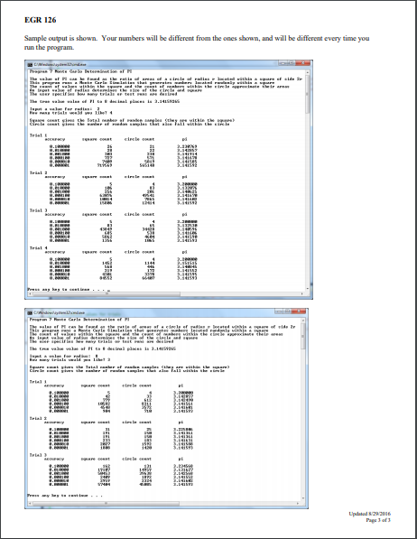 EGR 126 Program 7- Pi as ratio The objective of this | Chegg.com
