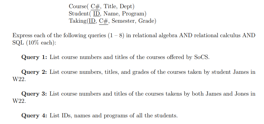 Solved Course( C#, Title, Dept) Student( ID , Name, | Chegg.com