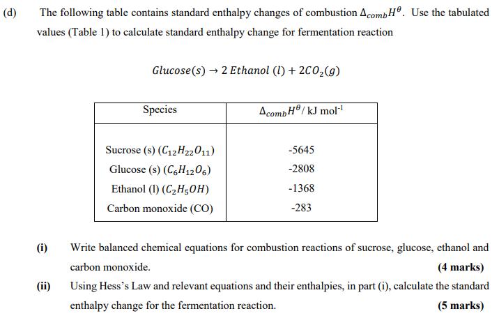 Solved (d) The following table contains standard enthalpy | Chegg.com