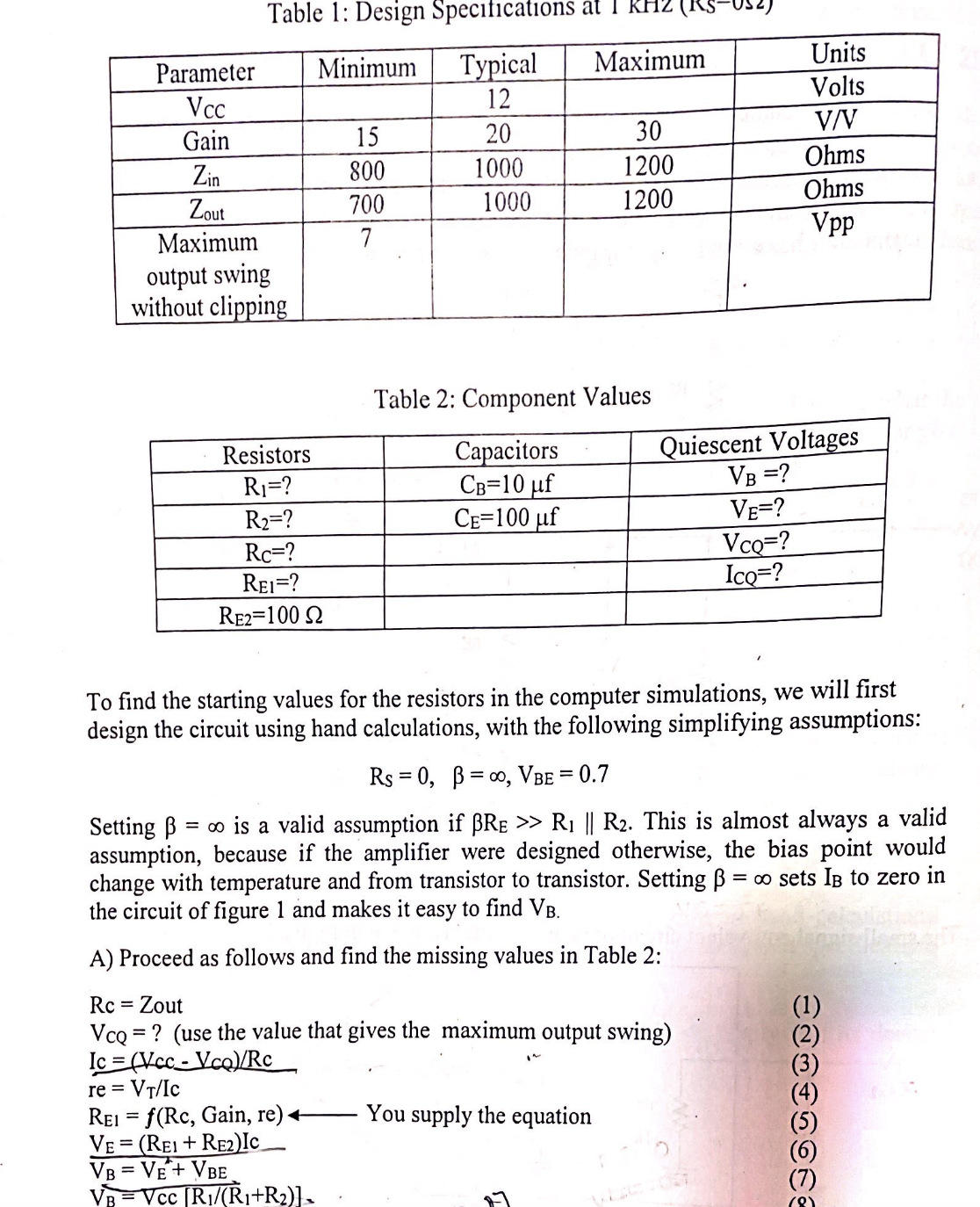 Solved Table 2: Component Values To find the starting values | Chegg.com
