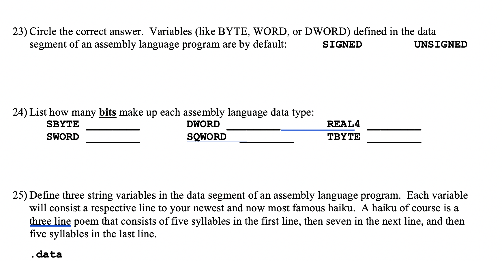 Solved 23 Circle The Correct Answer Variables Like Byte