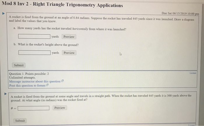 Solved Mod 8 Inv 2 -Right Triangle Trigonometry Applications | Chegg.com
