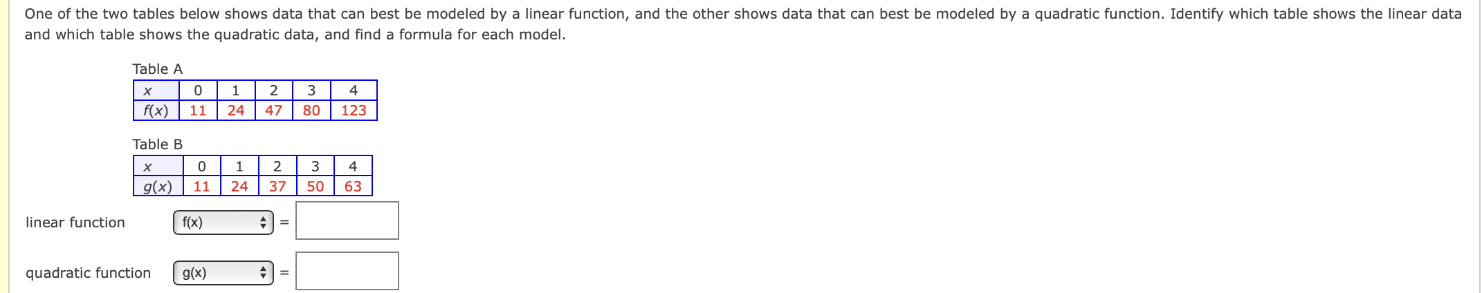 Solved and which table shows the quadratic data, and find a | Chegg.com