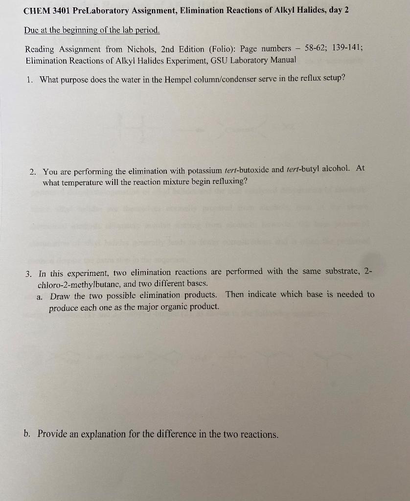 Solved CHEM 3401 PreLaboratory Assignment, Elimination | Chegg.com