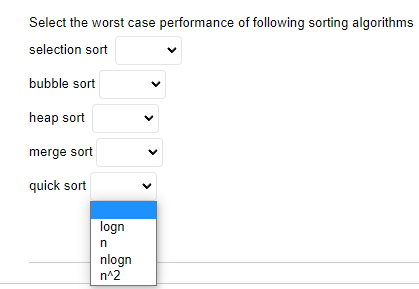 Solved Select the worst case performance of following | Chegg.com