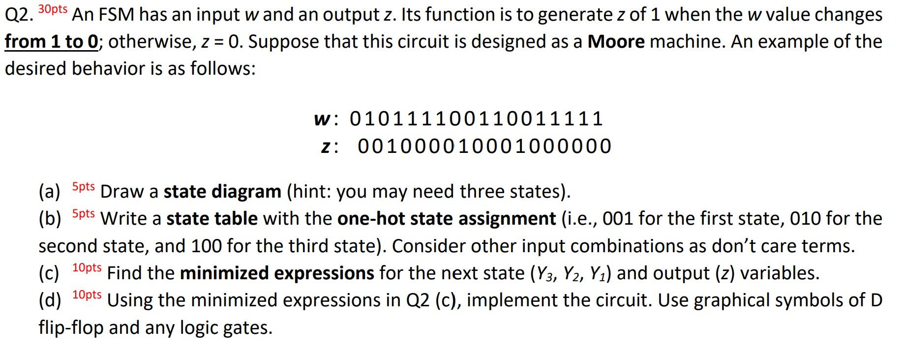 Solved Q2. 30pts An FSM has an input w and an output z. Its | Chegg.com