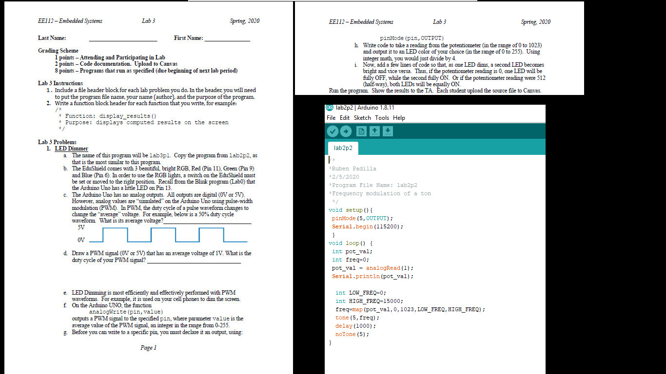EE112 - Embedded Systems Lab 3 Spring 2020 EE112 - | Chegg.com