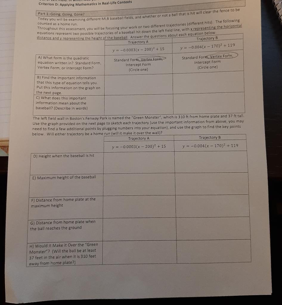 Criterion D: Applying Mathematics in Real-Life | Chegg.com