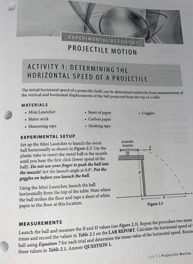 Solved EXPERIMENTAL ACTIVITIES PROJECTILE MOTION ACTIVITY 1: | Chegg.com
