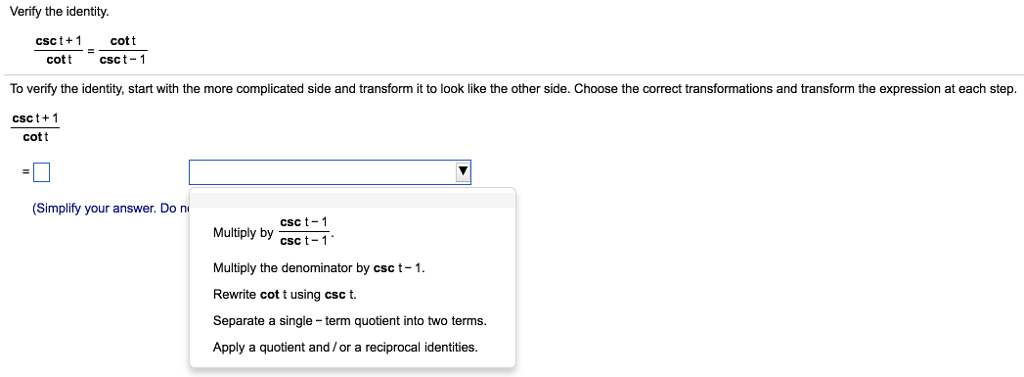 Solved Verify the identity csct cott cott csct-1 To verify | Chegg.com