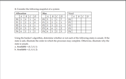 Solved Deadlock Exercises 1. Consider the following snapshot | Chegg.com