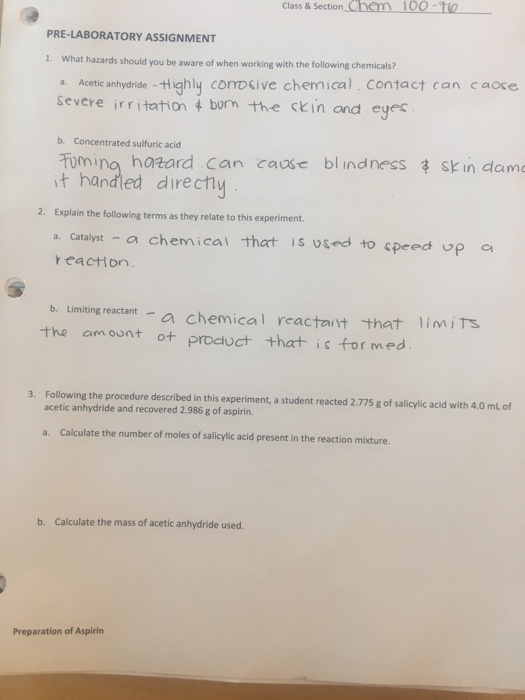 Solved Class & Section Chem 100 10 PRE-LABORATORY ASSIGNMENT | Chegg.com