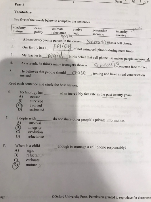 Solved Part 1 Vocabulary Use five of the words below to | Chegg.com