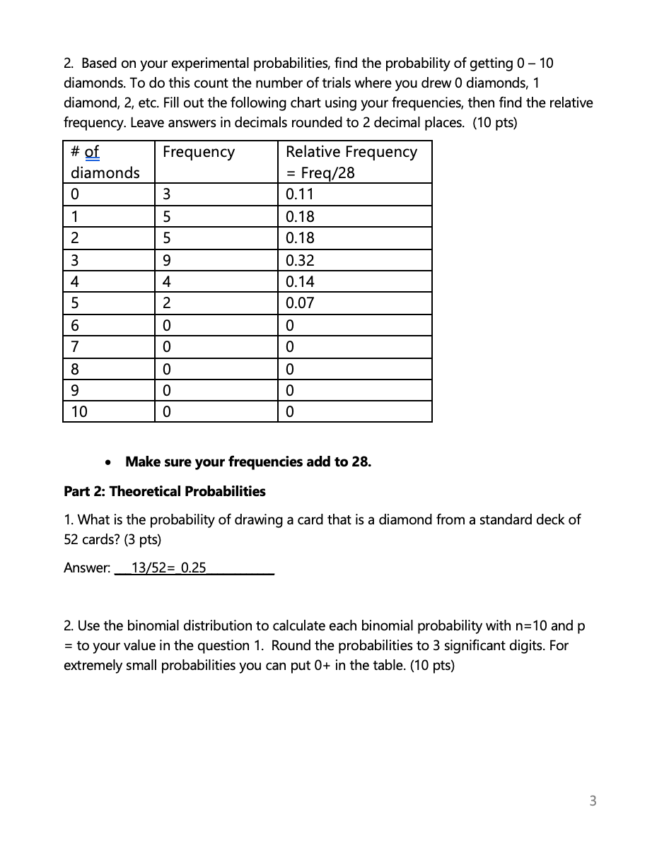 Solved 2. Based on your experimental probabilities, find the | Chegg.com