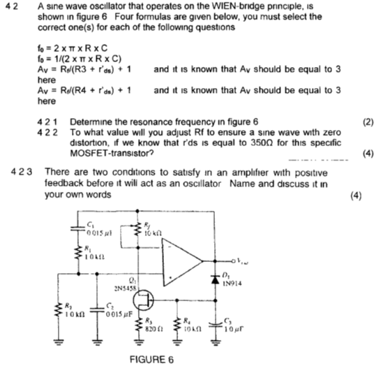 Solved 42 A sine wave oscillator that operates on the | Chegg.com