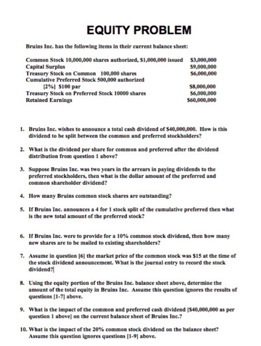 Solved EQUITY PROBLEM Bruins Inc. has the following items in | Chegg.com