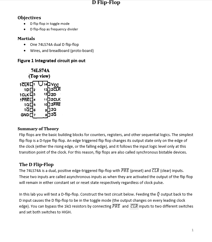 Solved D Flip-Flop Objectives • D flip flop in toggle mode • | Chegg.com