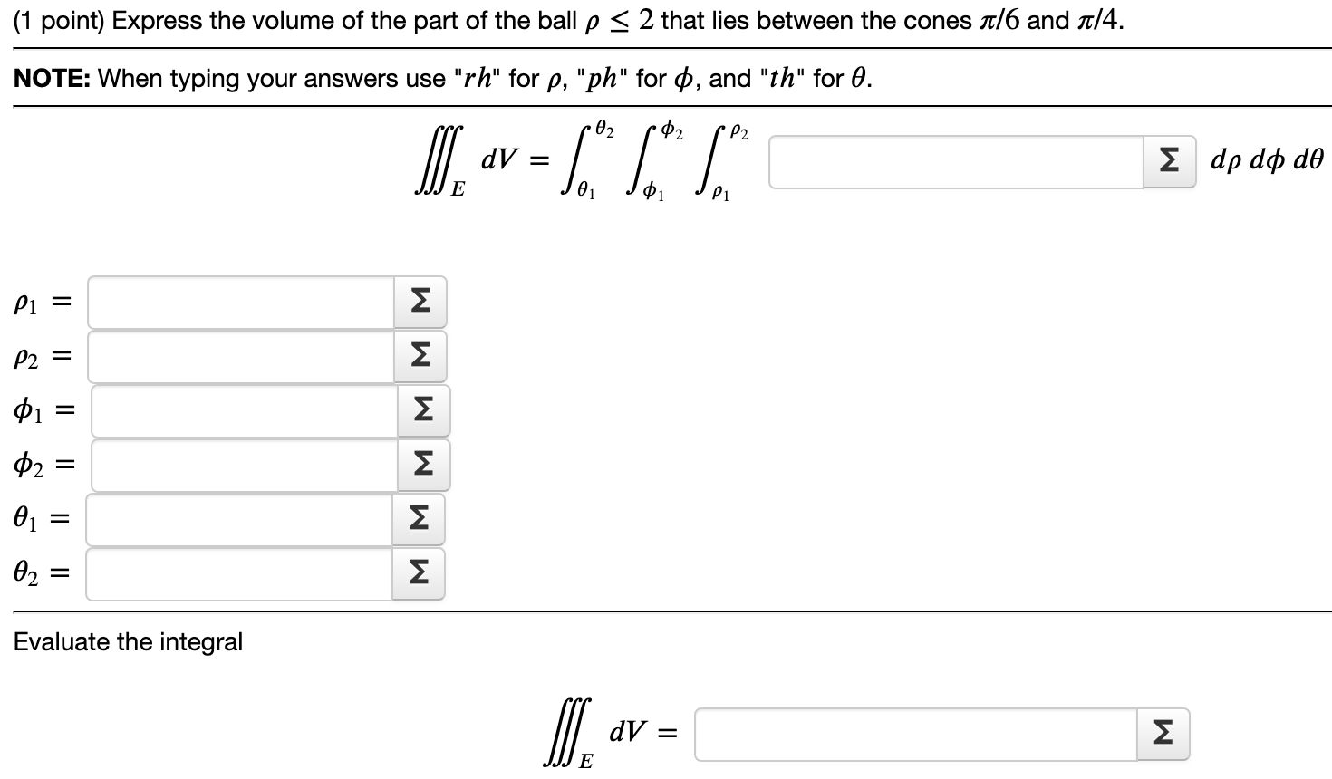 Solved (1 point) Express the volume of the part of the ball | Chegg.com