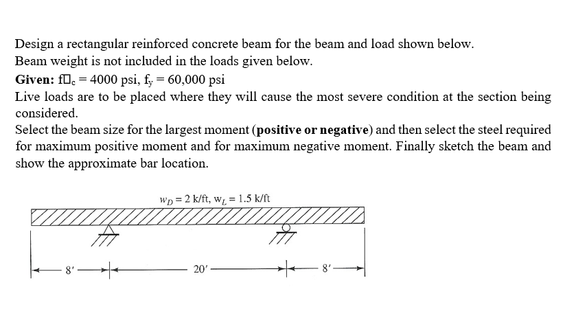 Design a rectangular reinforced concrete beam for the | Chegg.com
