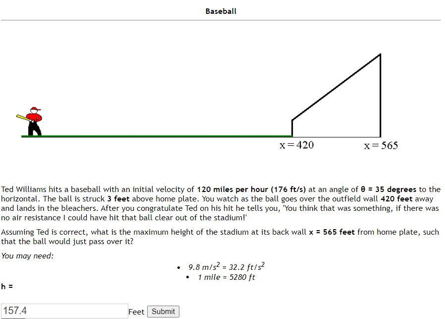 Ted Williams hits a baseball with an initial velocity | Chegg.com