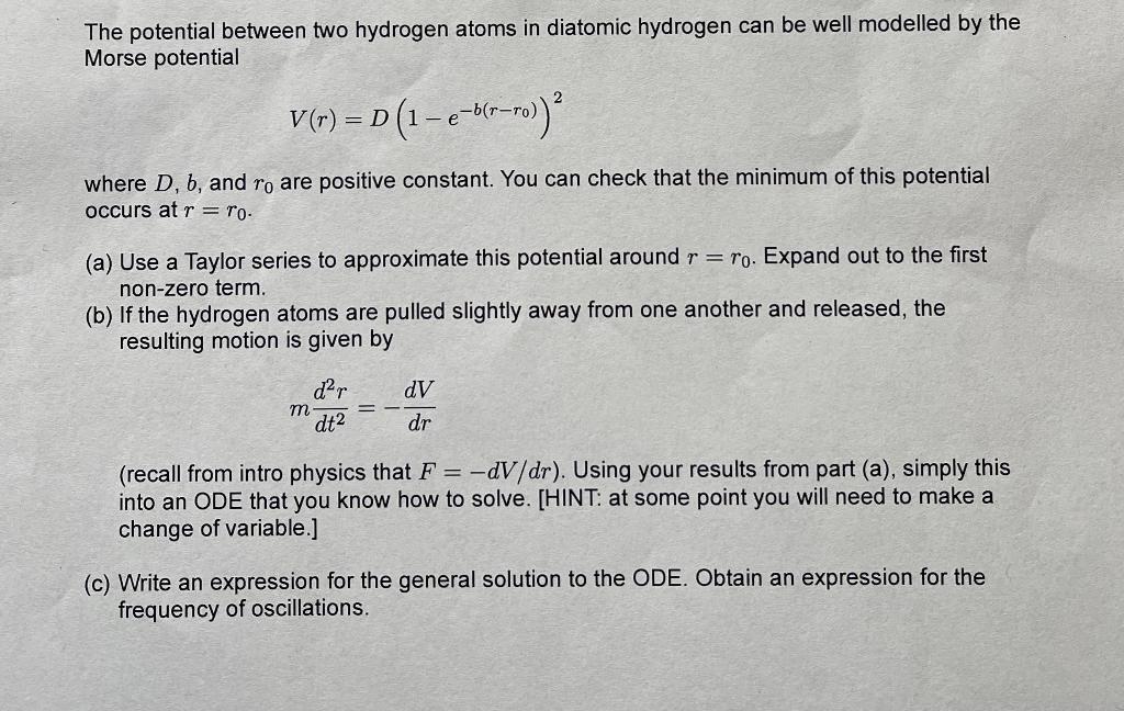 Solved The potential between two hydrogen atoms in diatomic | Chegg.com