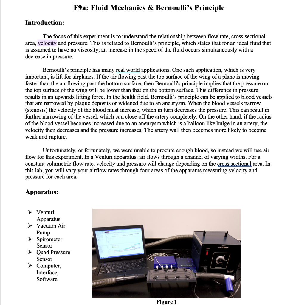 Solved F9a: Fluid Mechanics & Bernoulli's Principle | Chegg.com
