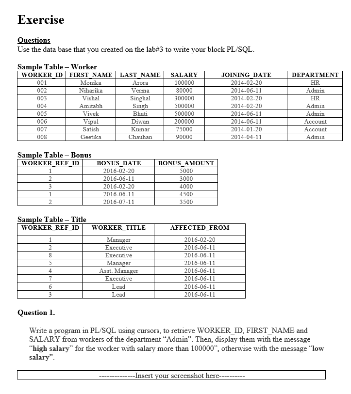 Solved Exercise Questions Use the data base that you created | Chegg.com