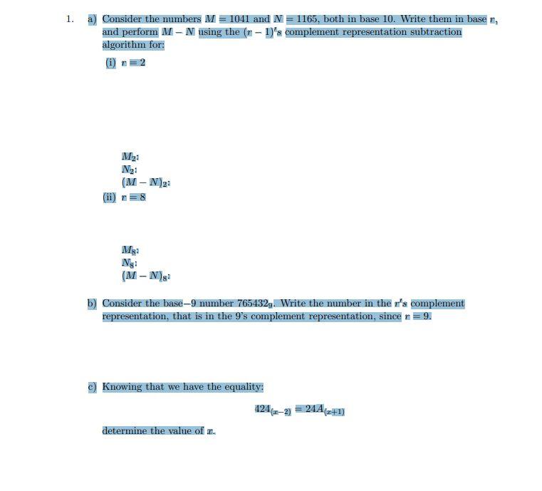 Solved a) Consider the numbers M = 1041 and N = 1165, both | Chegg.com