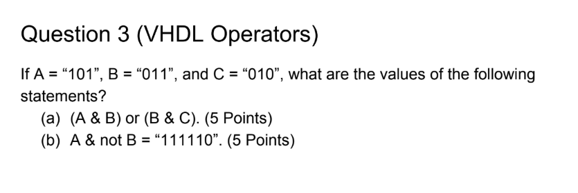 Solved Question 3 (VHDL Operators) If A = "101", B = “011”, | Chegg.com
