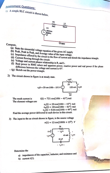 Solved 1) A simple RLC circuit is shown below R1 L1 V1 | Chegg.com