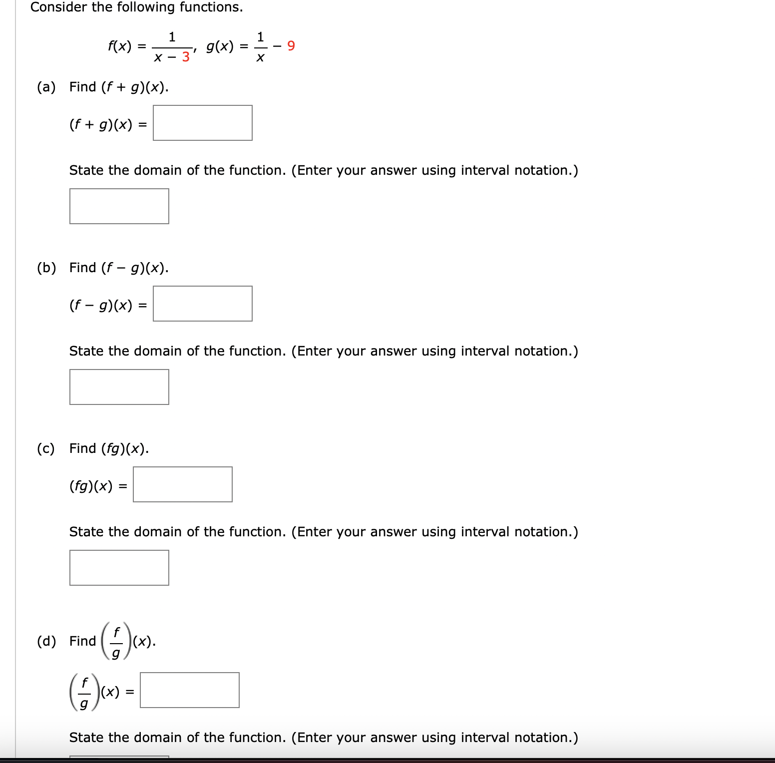 Solved Consider the following functions. f(x)=x−31,g(x)=x1−9 | Chegg.com