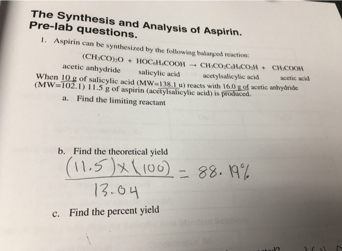 Solved The Synthesis and Analysis of Aspirin. Pre-lab | Chegg.com