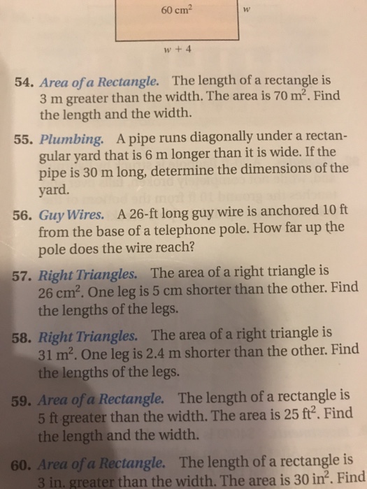Solved 60 cm2 w + 4 54. Area ofa Rectangle. The length of a | Chegg.com Solved 60 cm2 w + 4 54. Area ofa Rectangle. The length of a | Chegg.com