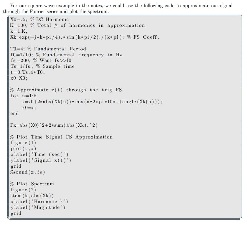 For our square wave example in the notes, we could | Chegg.com