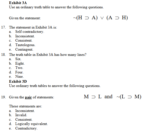Solved Exhibit 3A Use an ordinary truth table to answer the | Chegg.com