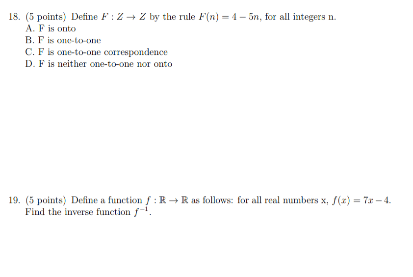 Solved 18. (5 points) Define F:Z → Z by the rule F(n) = 4 – | Chegg.com
