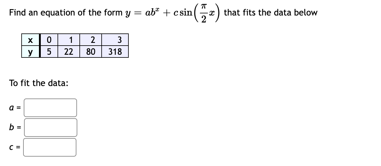 Solved T Find an equation of the form y = ab® + csin(5 2) = | Chegg.com