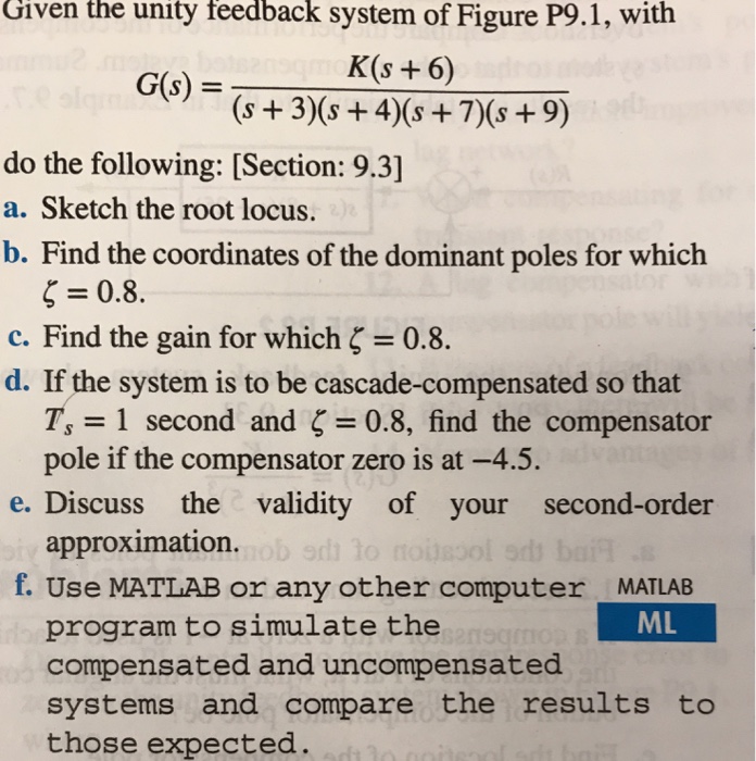Solved Given feedback system of Figure P9.1, with the unity | Chegg.com