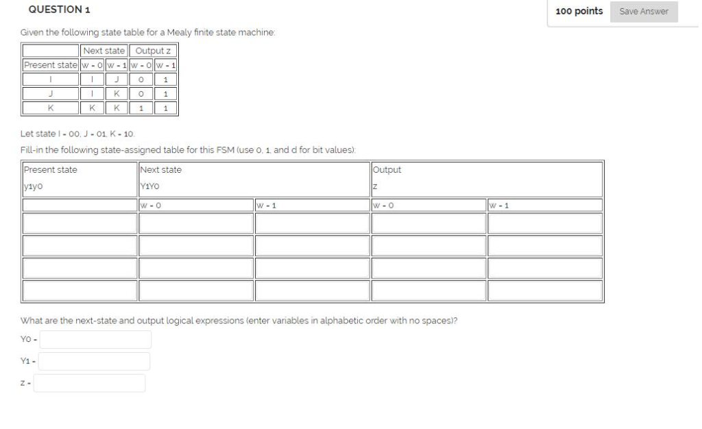 Solved Given the following state table for a Mealy finite | Chegg.com