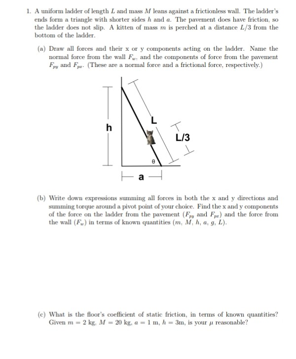 Solved 1. A uniform ladder of length L and mass M leans | Chegg.com