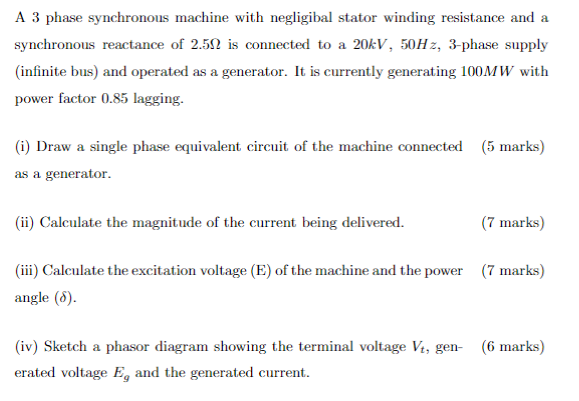 Solved A 3 phase synchronous machine with negligibal stator | Chegg.com