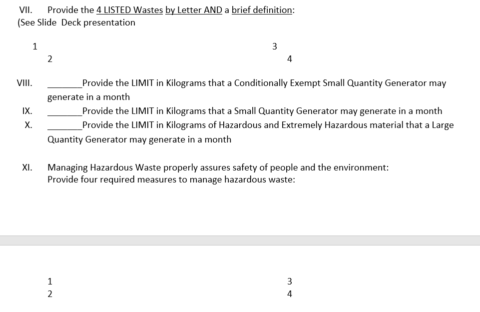 Solved VII. Provide the 4 LISTED Wastes by Letter AND a | Chegg.com