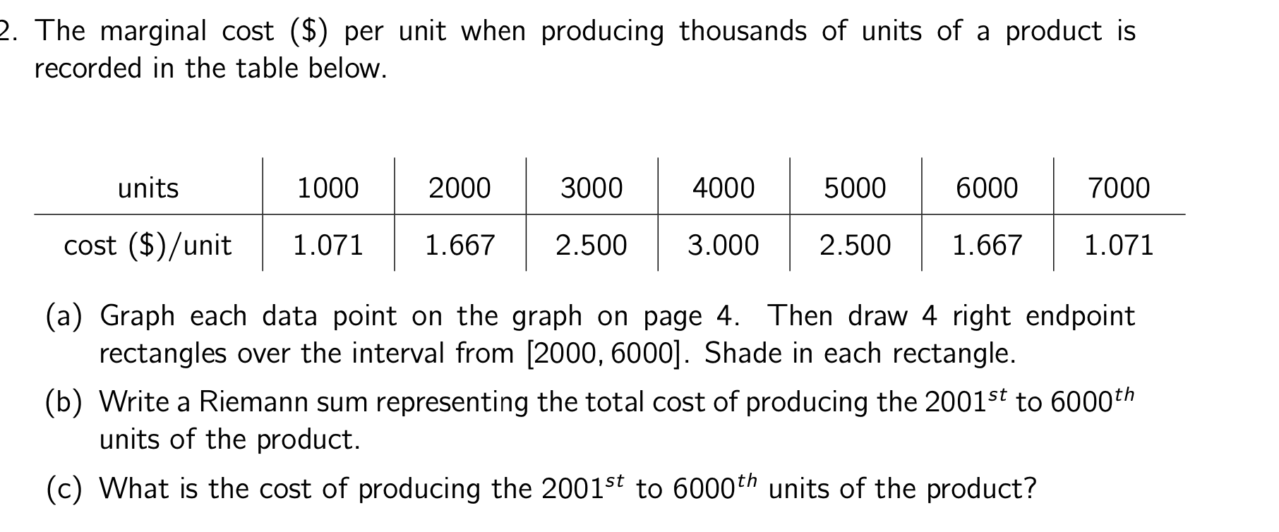 Solved 2. The marginal cost ($) per unit when producing | Chegg.com