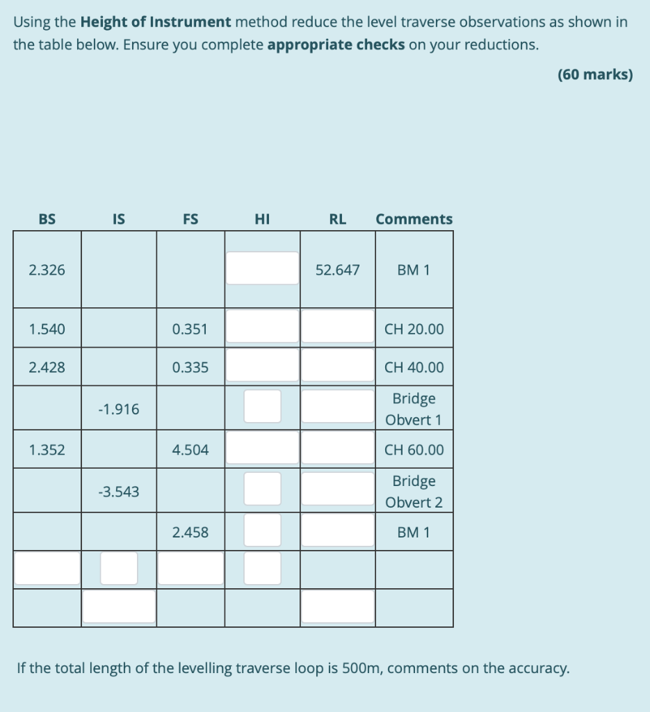 Solved Using the Height of Instrument method reduce the | Chegg.com